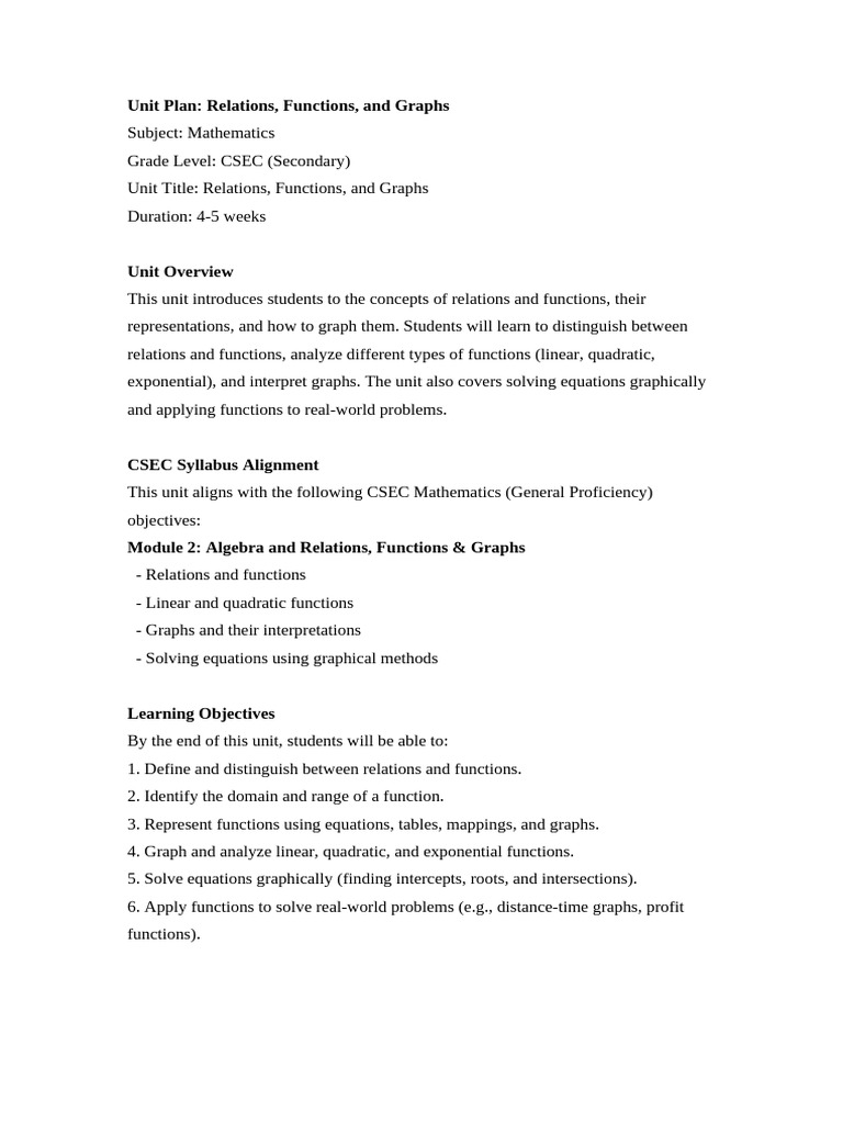CSEC Mathematics Unit Plan - Relations, Functions and Graphs | PDF ...