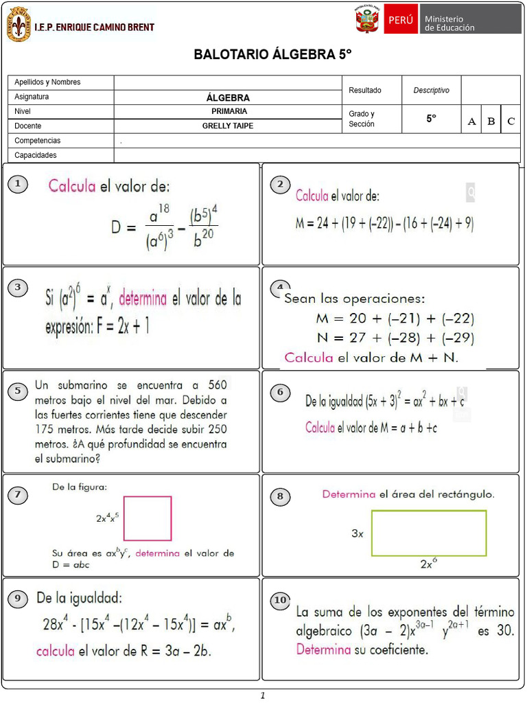 Balotario 5to - Lgebra | PDF