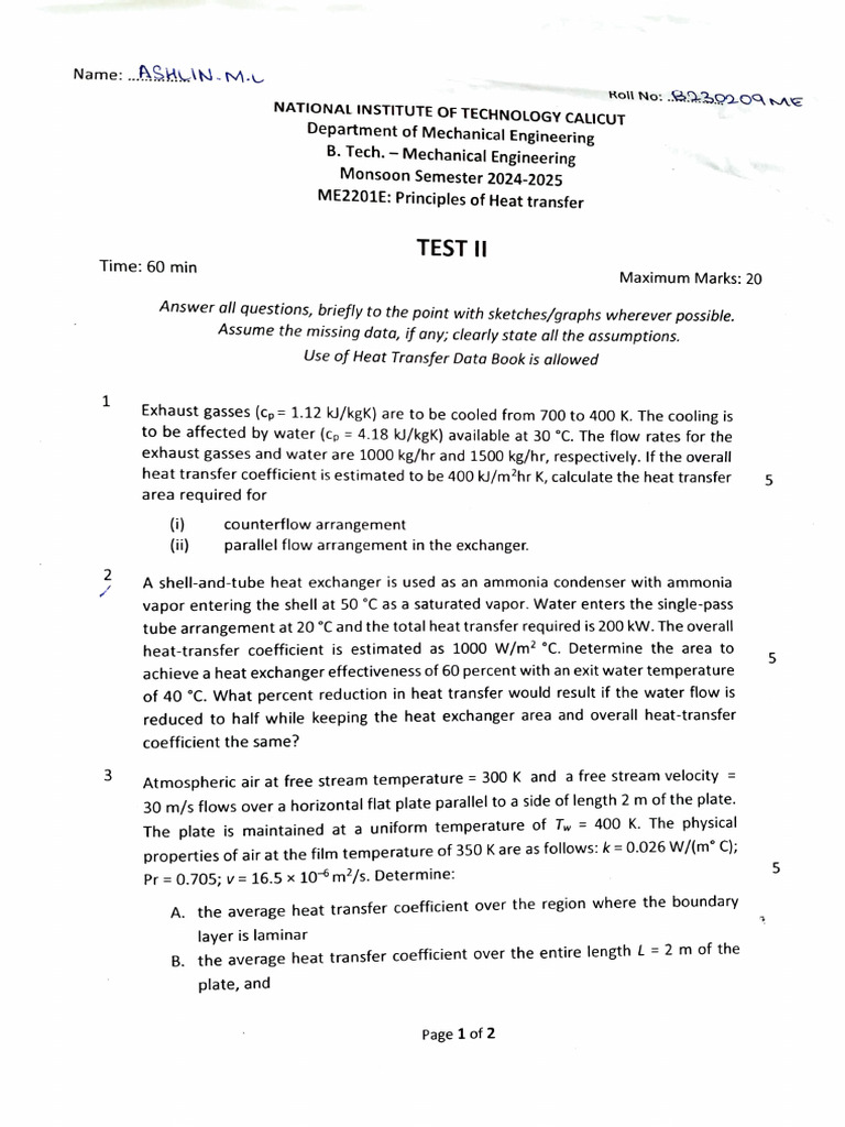 Heat Transfer Test II - NIT Calicut | PDF | Heat Transfer | Scientific ...