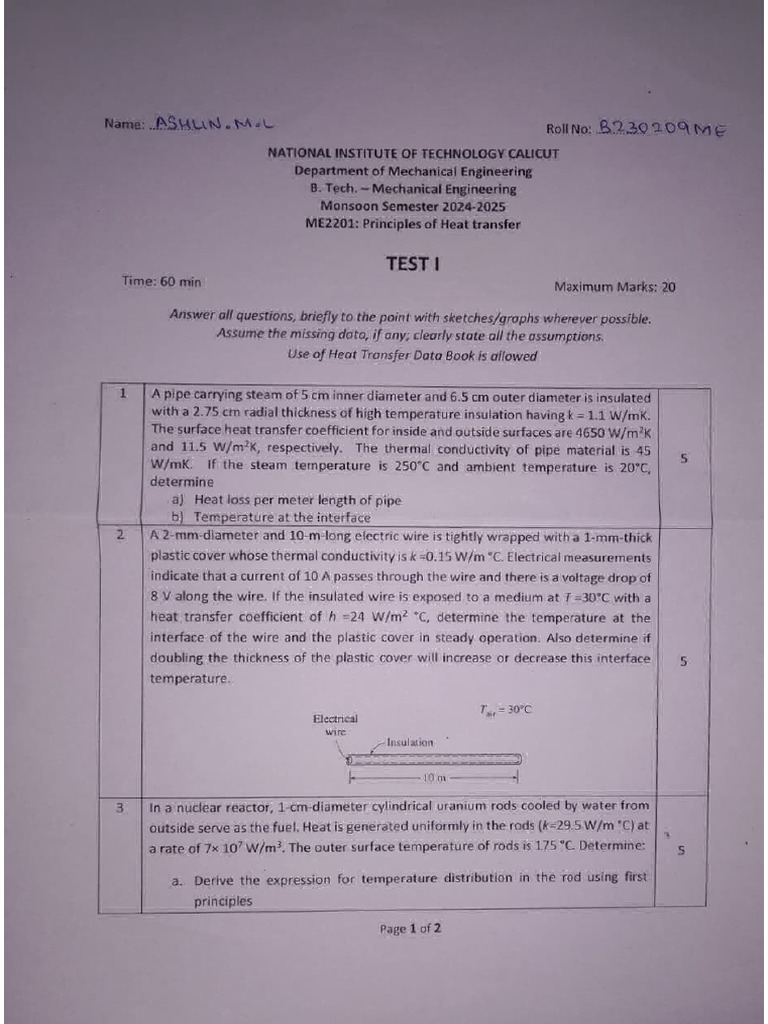 Heat Transfer Test ME2201 NIT Calicut | PDF | Heat Transfer | Thermal ...