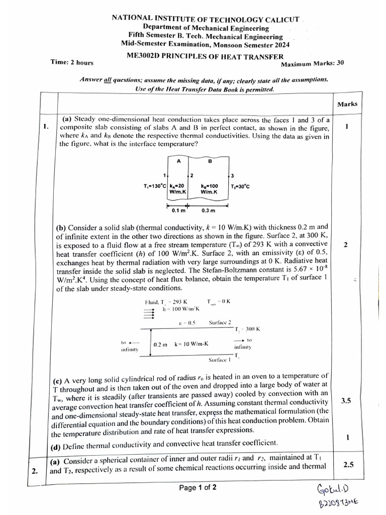 Heat Transfer Exam Questions & Solutions | PDF | Heat Transfer | Heat
