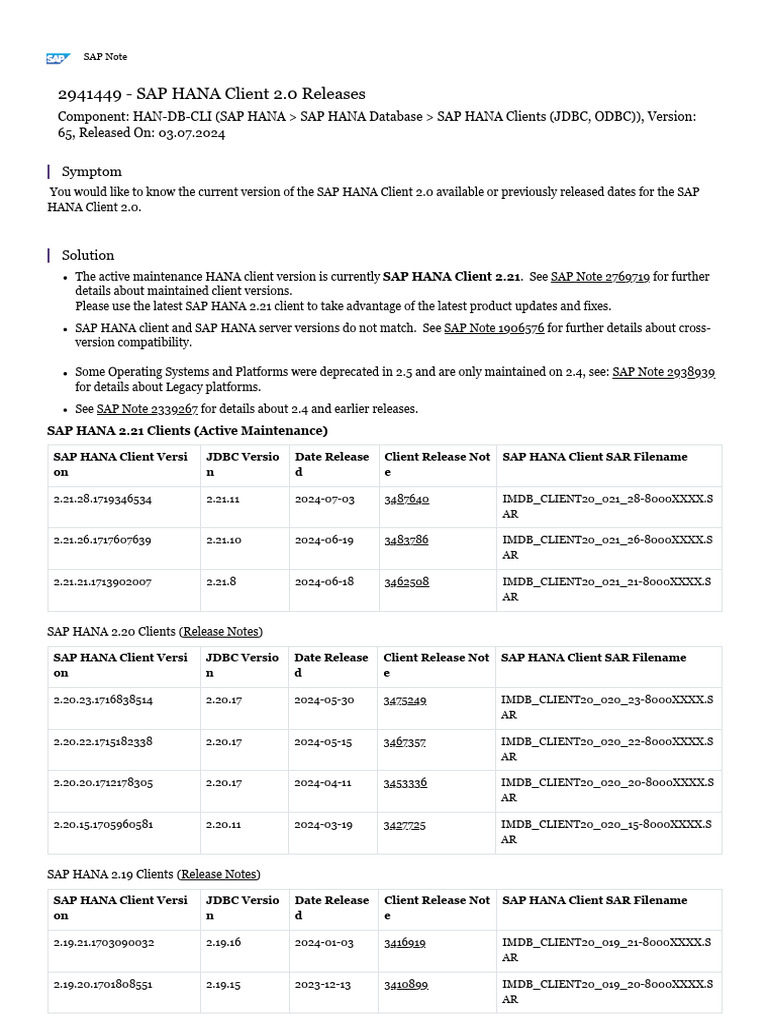 SAP HANA Client 2.0 Release Updates | PDF | Databases | Sap Se