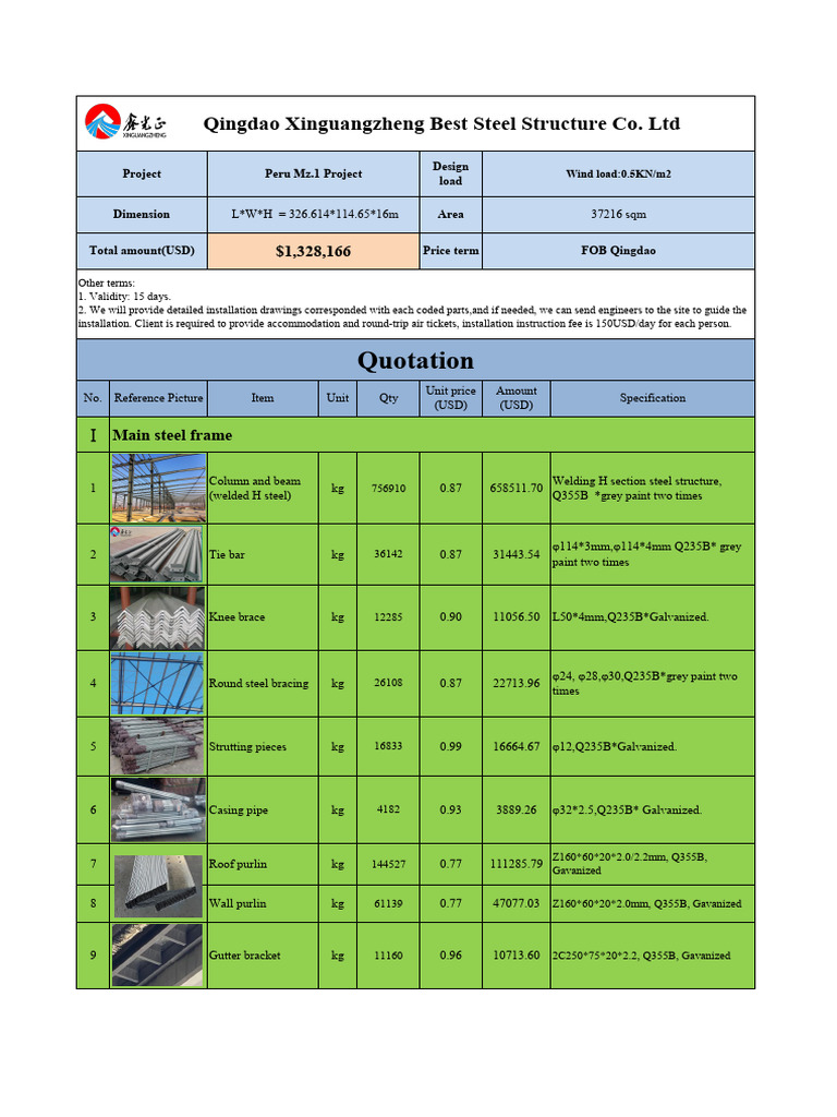 BoQ Peru - Steel - Structure - Mz.1 - Project - quotation-XGZ2023.11.18 ...