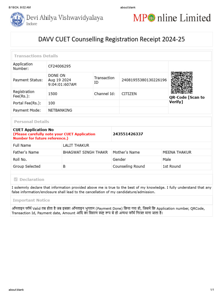 DAVV CUET Counselling Receipt 2024-25 | PDF