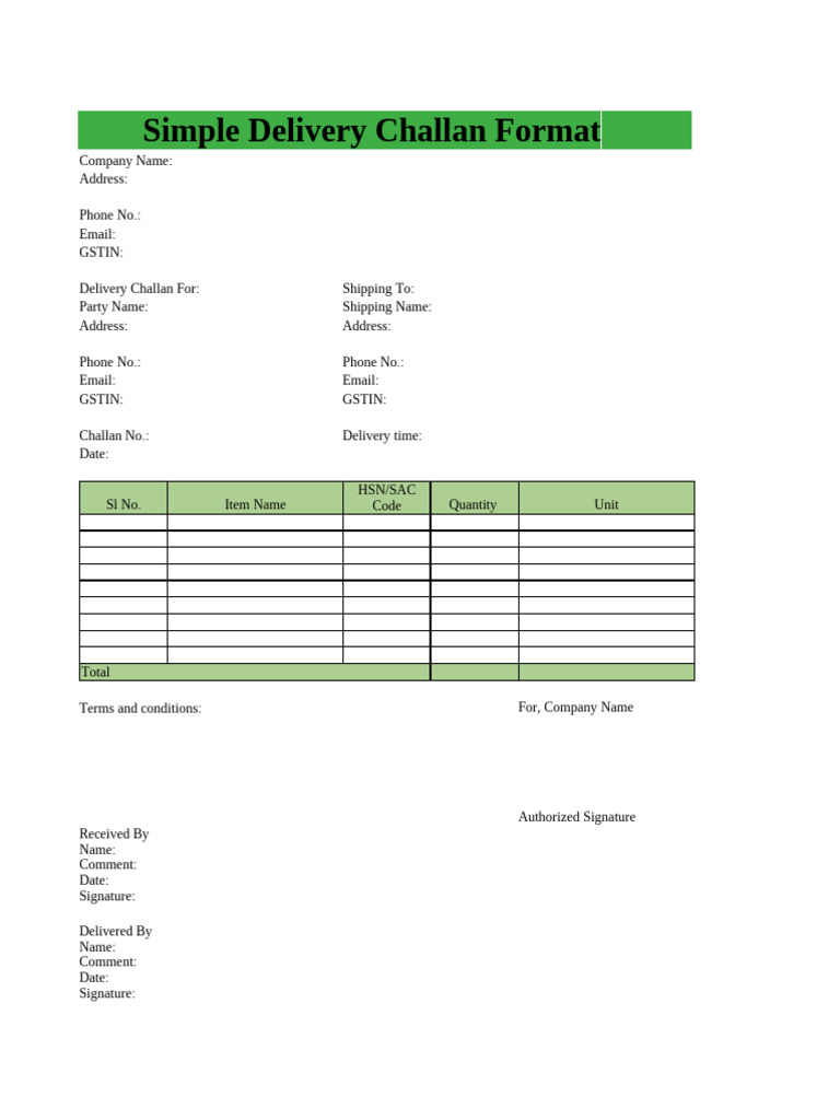 Simple Delivery Challan Template | PDF
