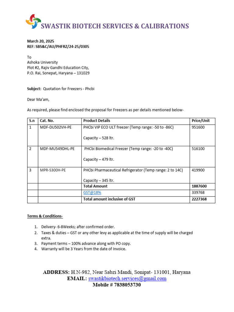 Quotation For Freezers (PHCbi) - Ashoka University | PDF