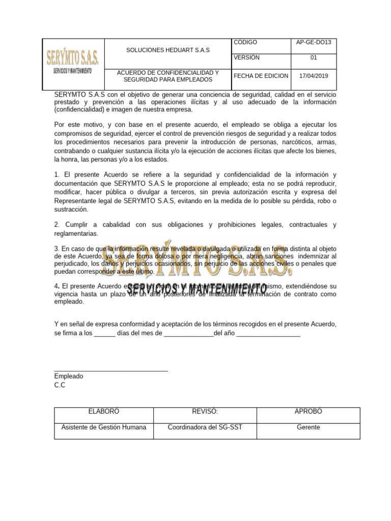 AP-GE-DO13 Acuerdo de Seguridad y Confidencialidad para Empleados | PDF