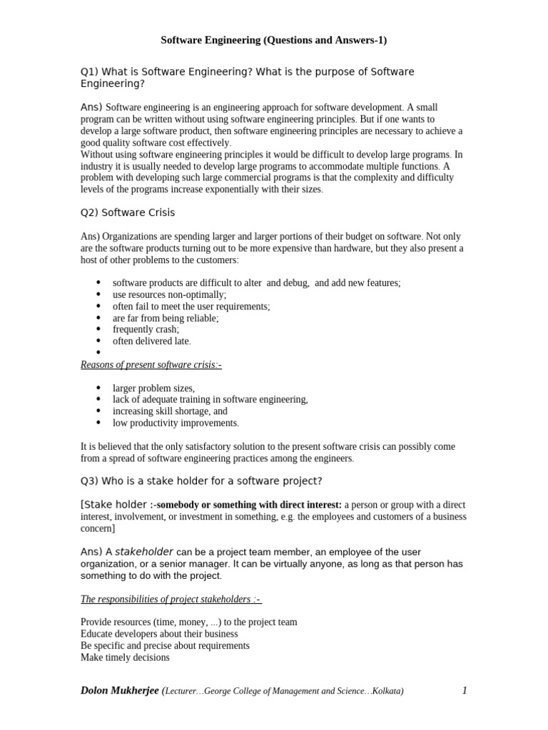 Software and Engineering Questions and Answers 1 | PDF | Software ...
