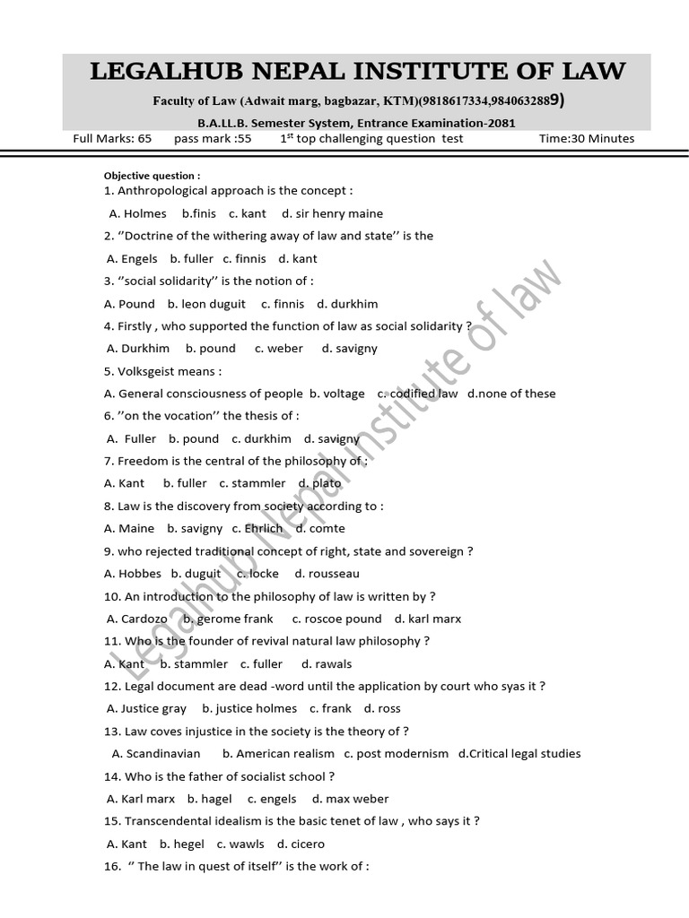 Law Entrance Exam Questions 2081 | PDF | Jurisprudence | Liberal Arts ...