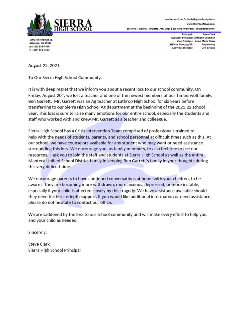 Letter To The Sierra Community - Mr. Garrett | PDF