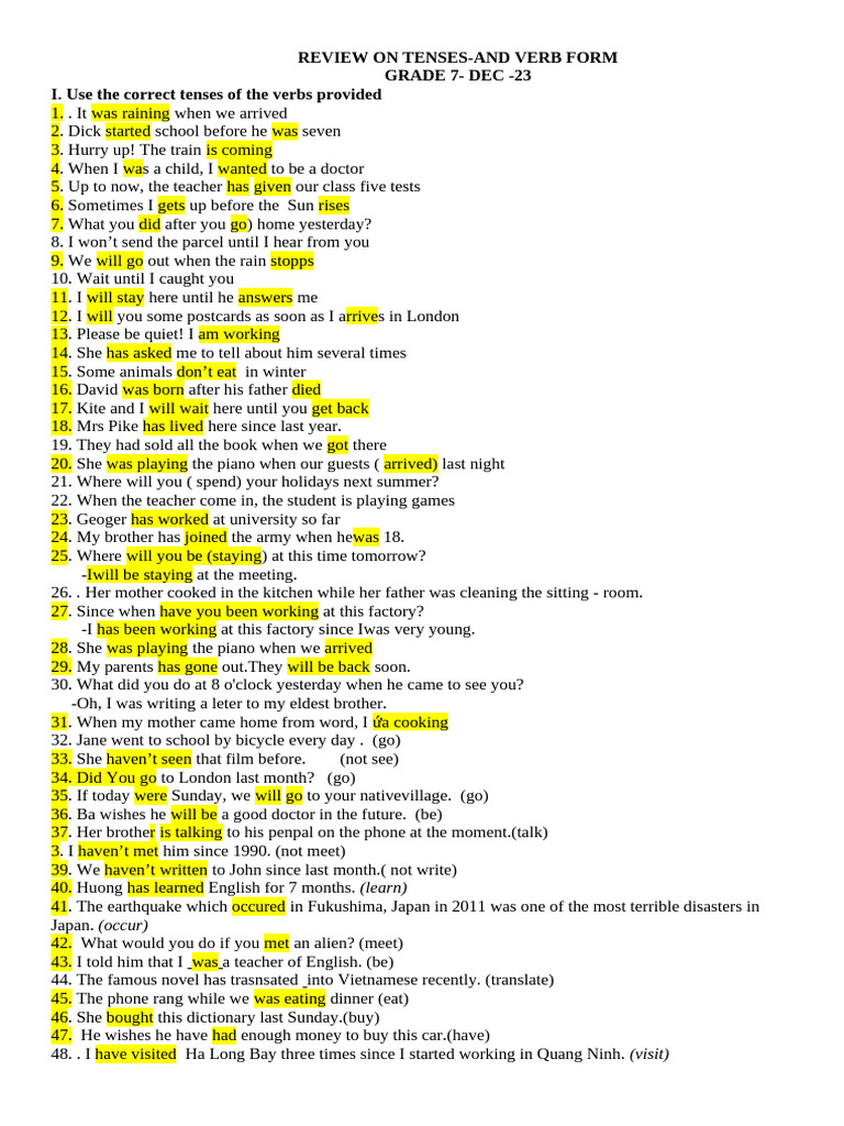 Review On Tenses-And Verb Form | PDF