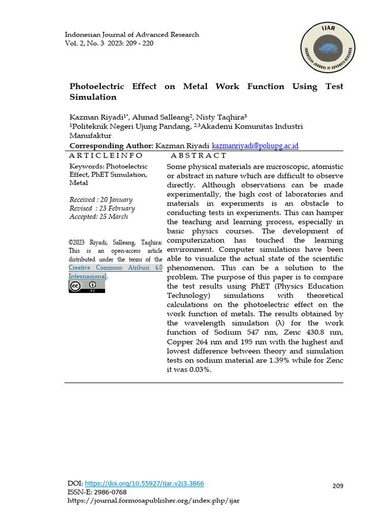 Photoelectric Effect On Metal Work Function Using Test Simulation | PDF