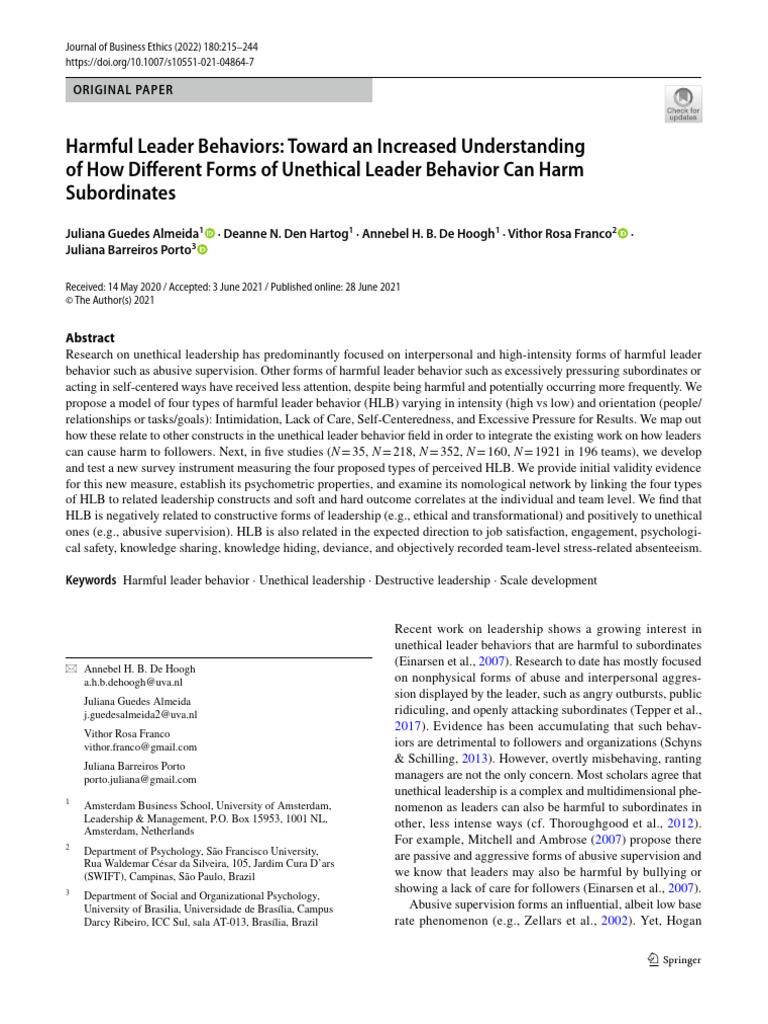Harmful Leader Behaviors Toward An Increased Understanding of How ...