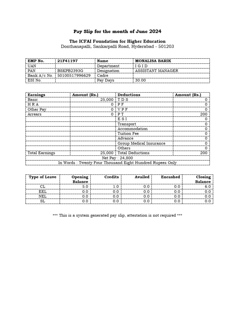 Payslip For June 2024 Icf A I | PDF