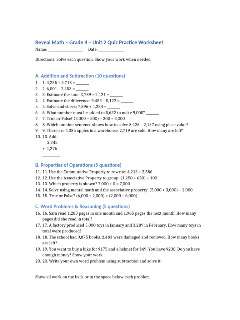 Grade 4 Unit 2 Quiz Practice Worksheet | PDF