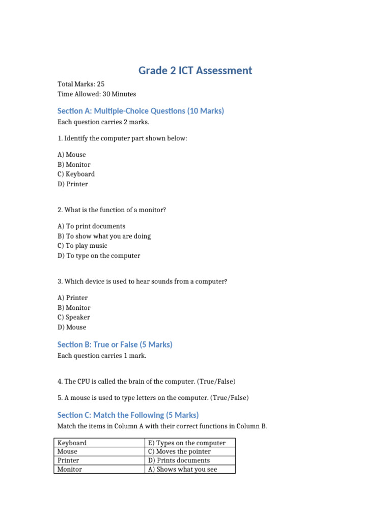 Grade 2 ICT Assessment Questions | PDF