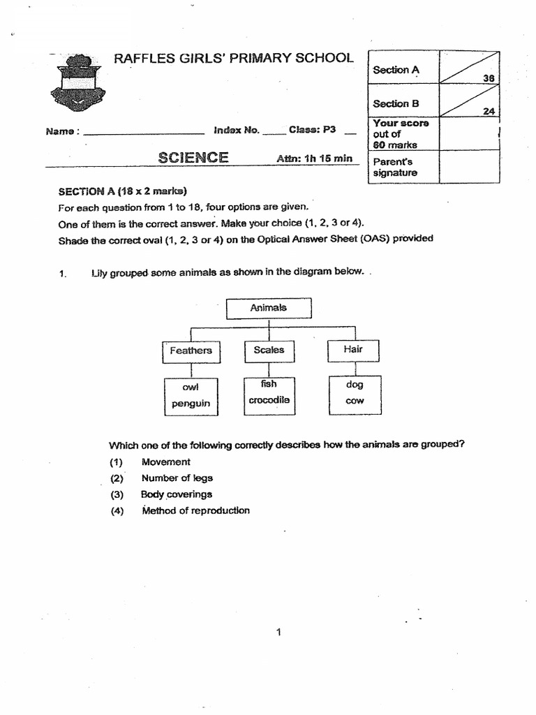 2024 P3 Science End of Year Exam Raffles Girls | PDF