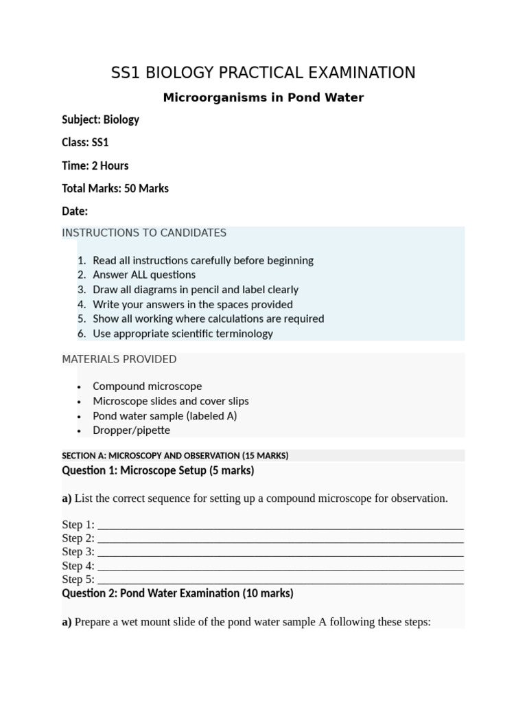 SS1 Biology Practical: Microscopy Exam | PDF | Microscope | Laboratory ...