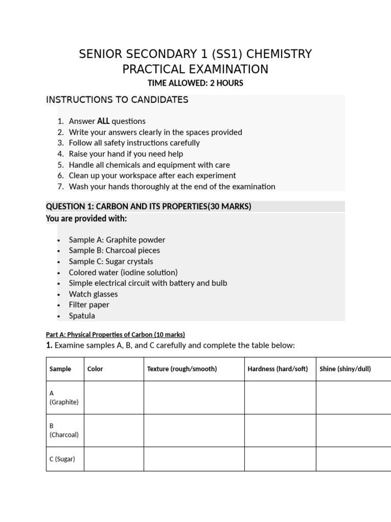 3RD Term SS1 Chemistry Practical Examination | PDF