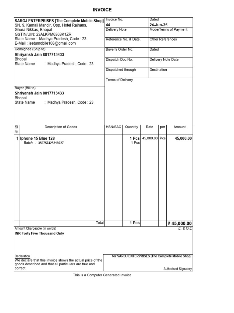 Invoice for iPhone 15 Purchase | PDF