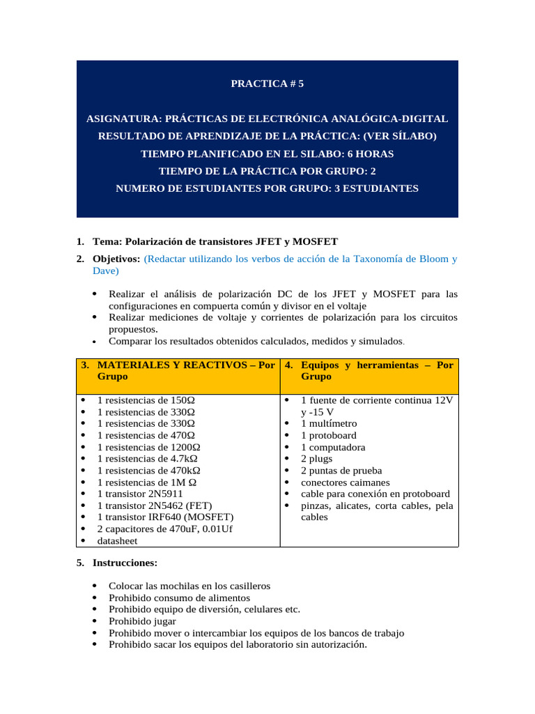 LabElectrónica - Práctica5 - JFET y MOSFET | PDF | Transistor | Mosfet