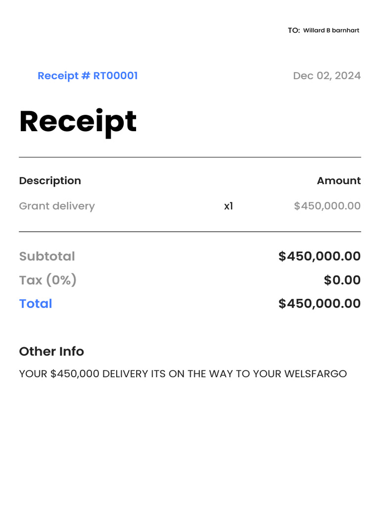 Receipt: Subtotal $450,000.00 Tax (0%) $0.00 $450,000.00 Other Info | PDF