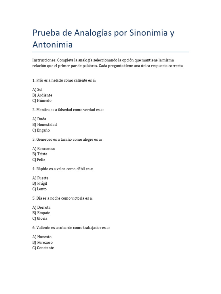Práctica Analogías Sinónimos-Antónimos | PDF