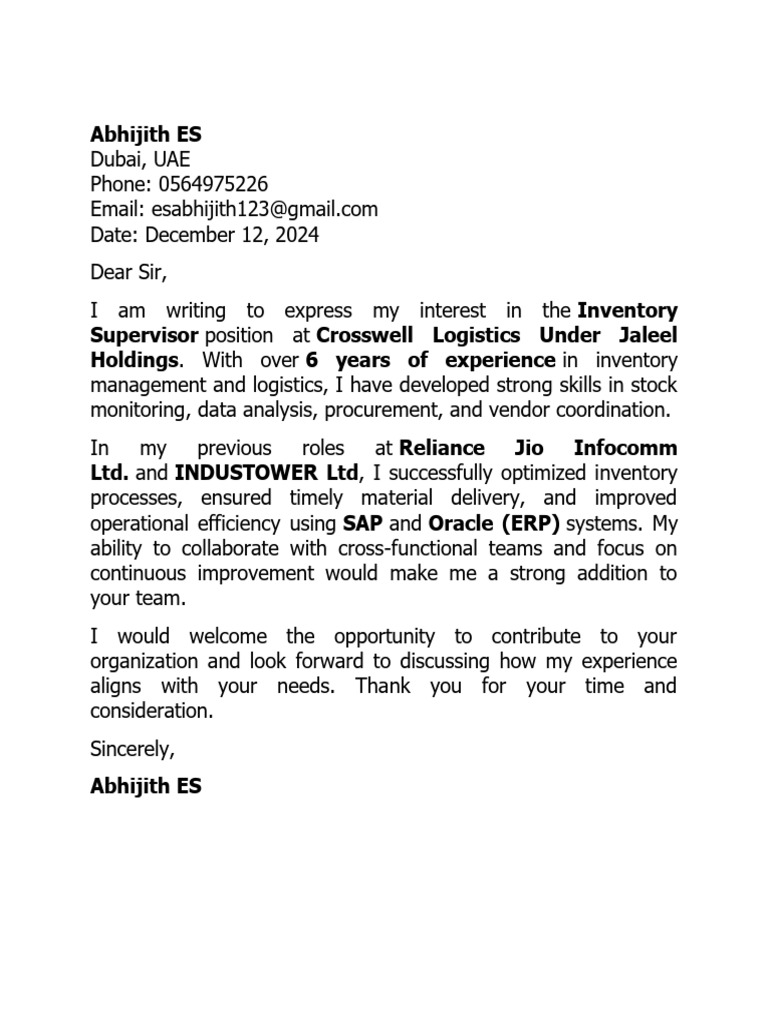 Cover Letter Abhijith ES | PDF