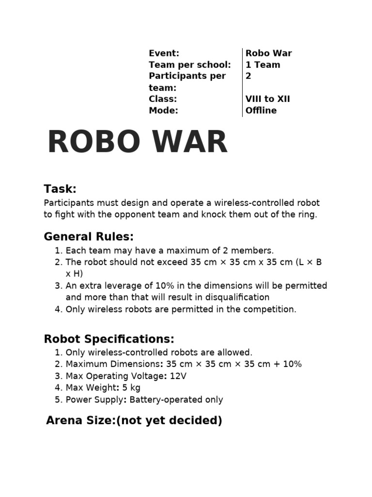 Robo War: Wireless Robot Combat Rules | PDF