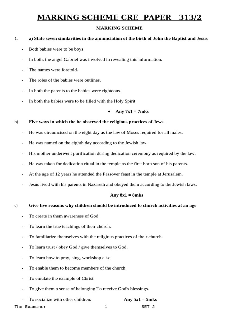 Cre Form 4 P2 Marking Scheme | PDF | Marriage | Jesus
