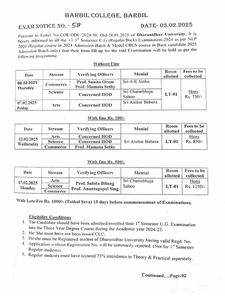+3 1st Sem Exam Form Fill Up | PDF