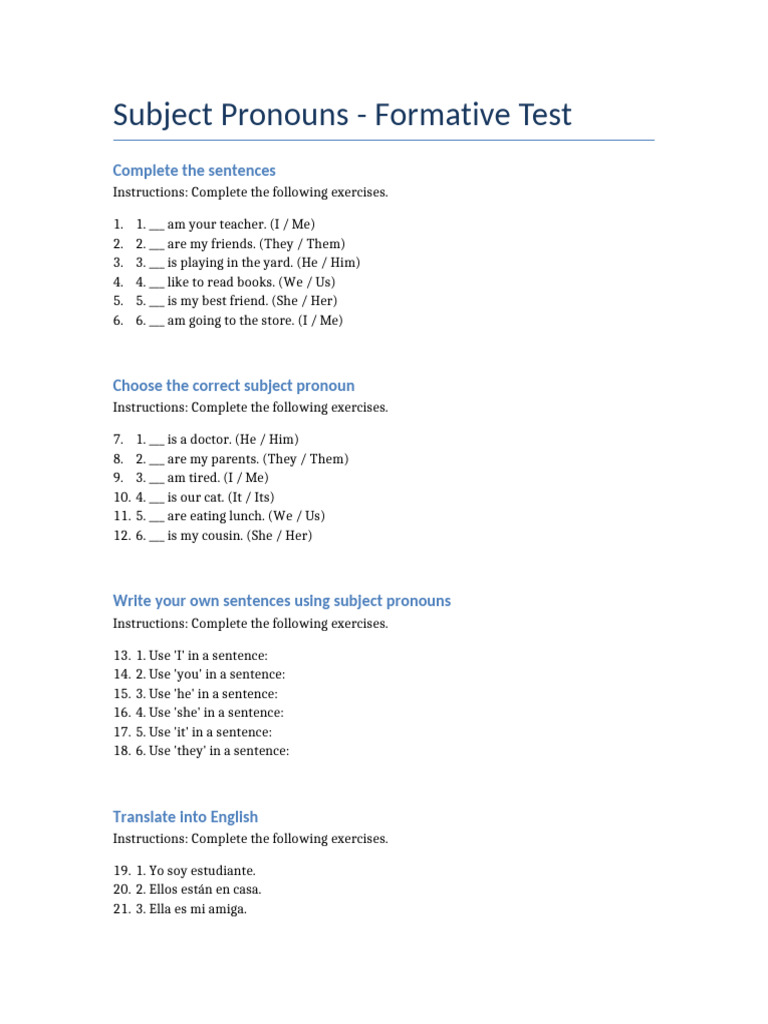 Subject Pronouns Test | PDF