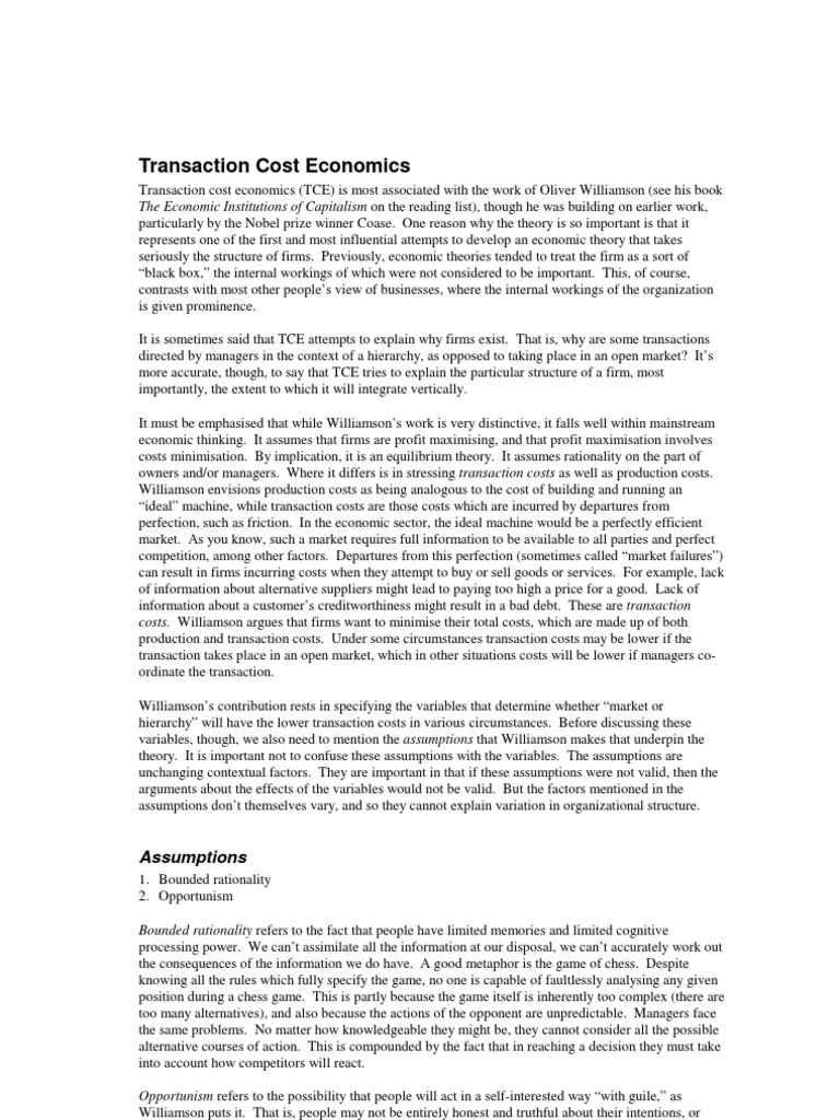 Understanding Transaction Cost Economics | PDF
