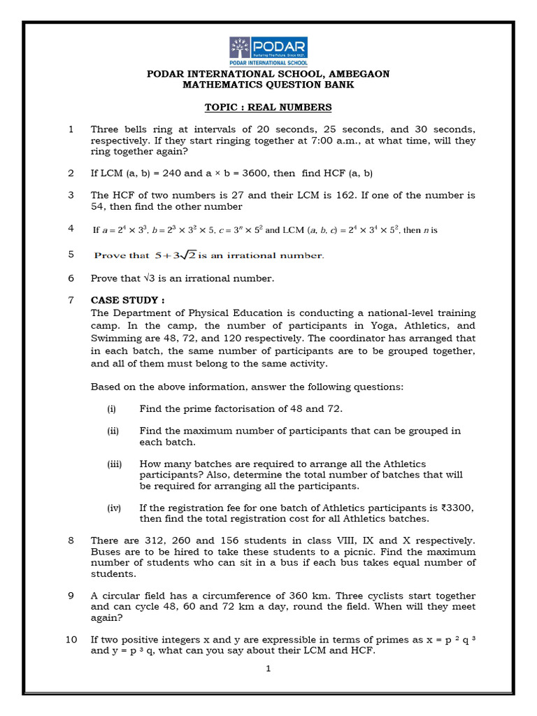 Mathematics Question Bank: Real Numbers & Polynomials | PDF ...