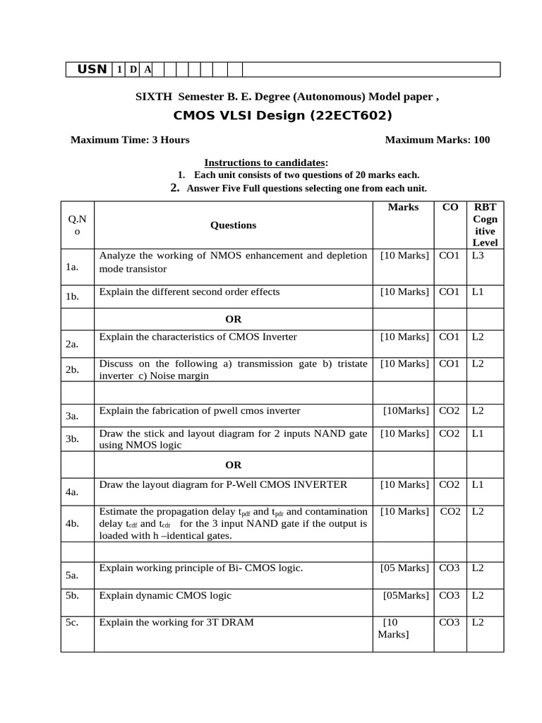 22ECT602 CMOS VLSI DESIGN Model Question Paper | PDF | Cmos | Logic Gate