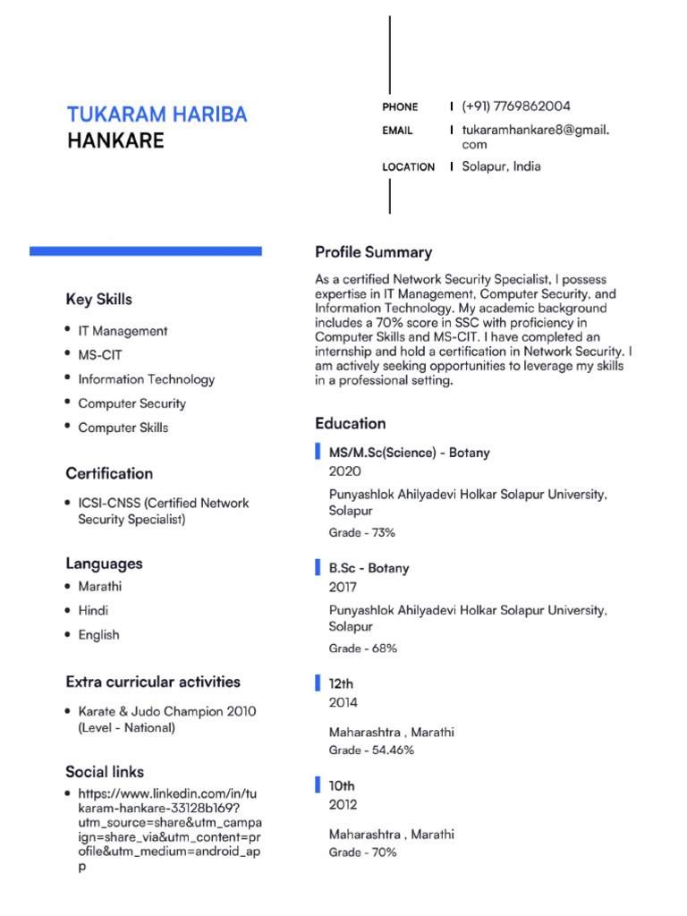Tukaram (Job Resume) | PDF