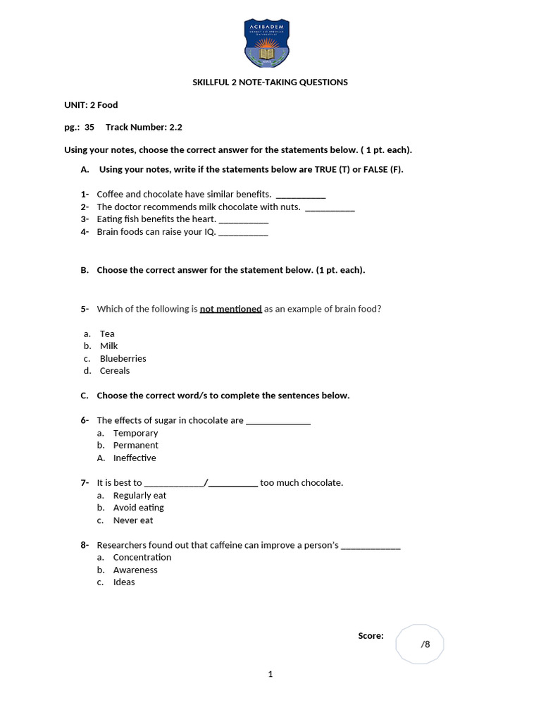 Food Note-Taking Questions Guide | PDF