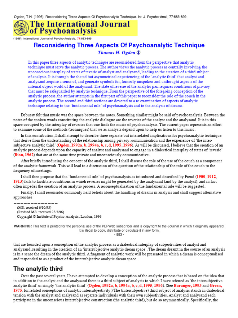 Reconsidering Three Aspects of Psychoanalytic Technique - Ogden 1996 ...