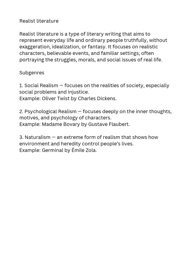 Realist Literature Realist Literature Is A Type of Literary Writing Tha ...