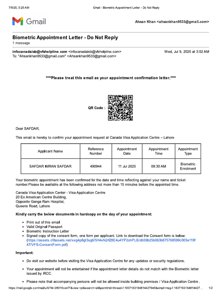 Appointment Confirmation Imran Canada 11 July | PDF