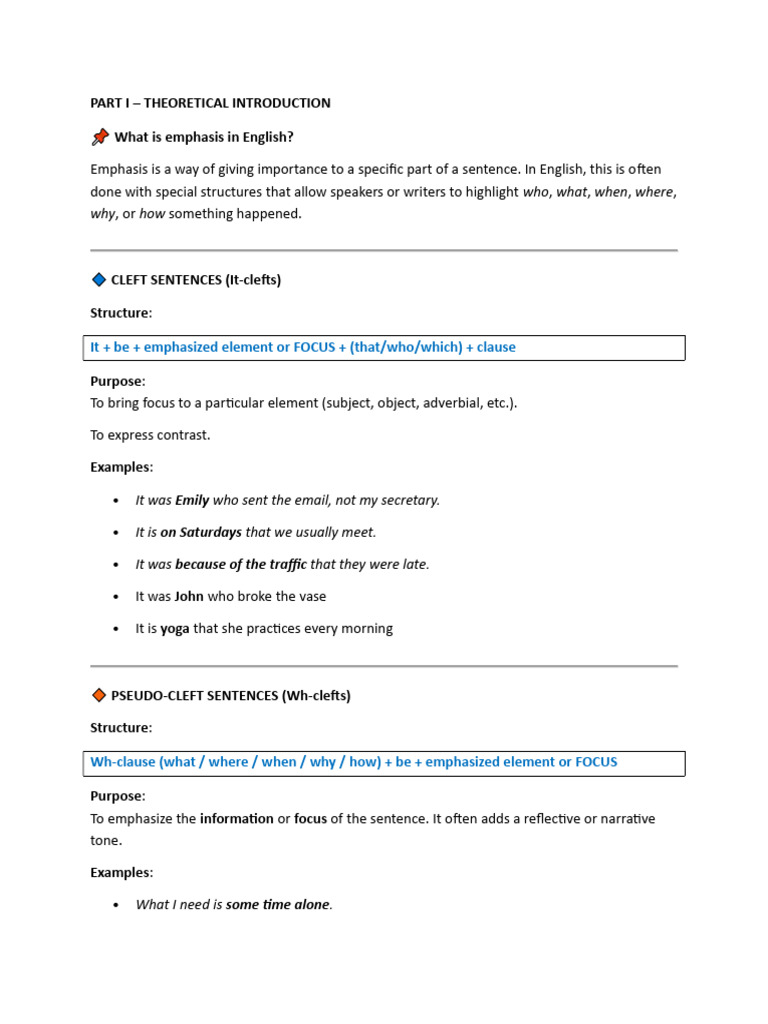 Emphasis. Cleft and Pseudo-Cleft Sentences Theory and Practice | PDF ...