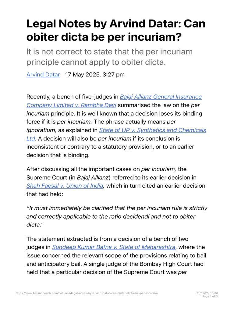 Per Incuriam and Obiter Dicta Explained | PDF | Obiter Dictum | Precedent