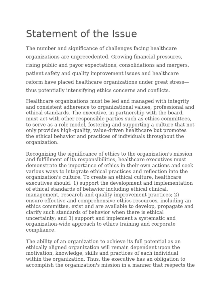 Week 1 Assignment ACHE Policy Position On Creating An Ethical Culture ...