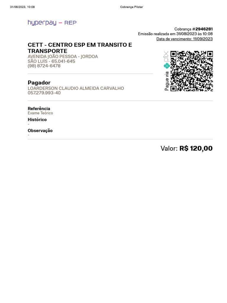 Cobrança Exame Teórico - R$ 120,00 | PDF