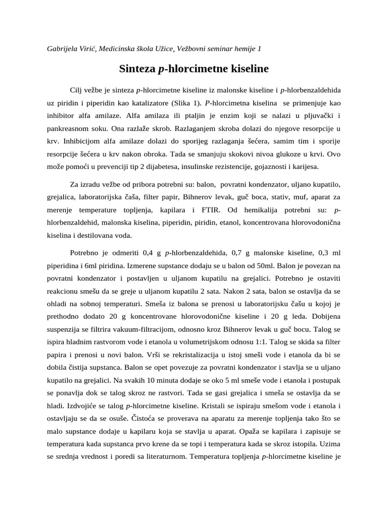 Sinteza P-Hlorcimetnekisekina GabrijelaVirić | PDF