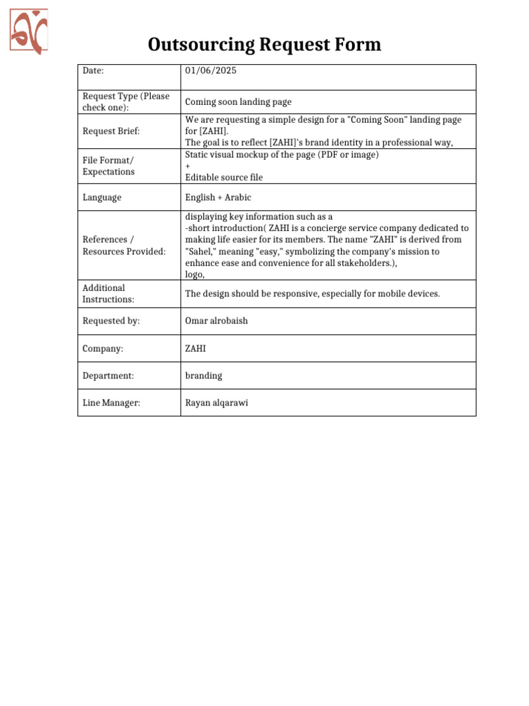 ZahiWP - Outsourcing - Request - Form (Coming Soon) Landing Page | PDF