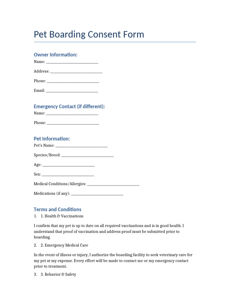 Pet Boarding Consent and Terms Form | PDF | Pet