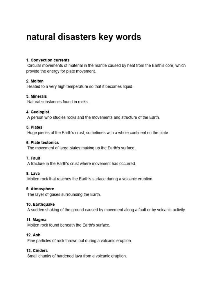 Natural Disasters Key Words | PDF | Volcano | Lava