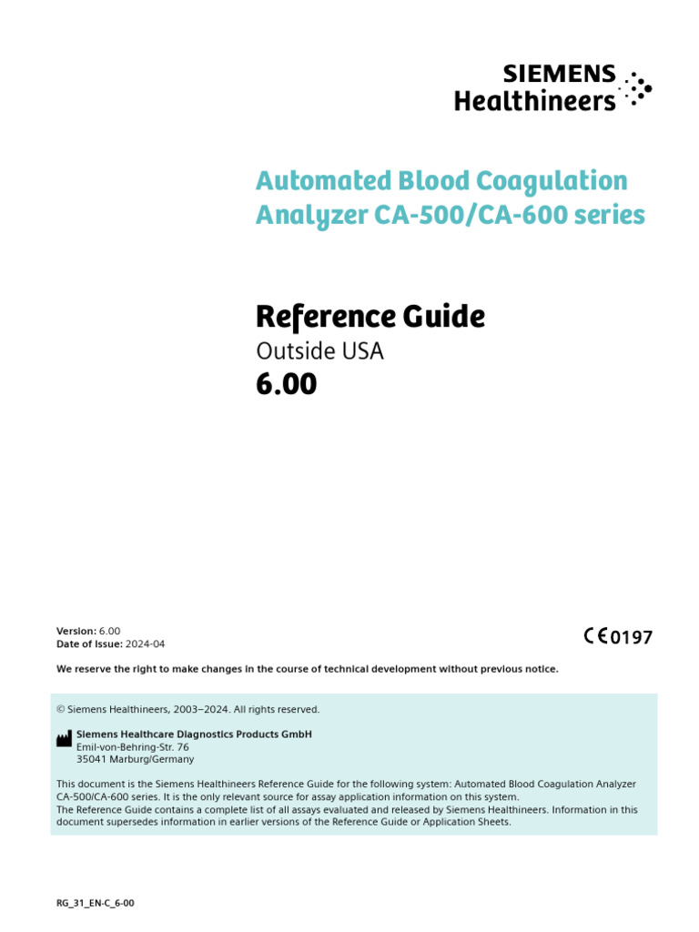 Automated Blood Coagulation Analyzer CA-500 CA 600 Series Reference ...