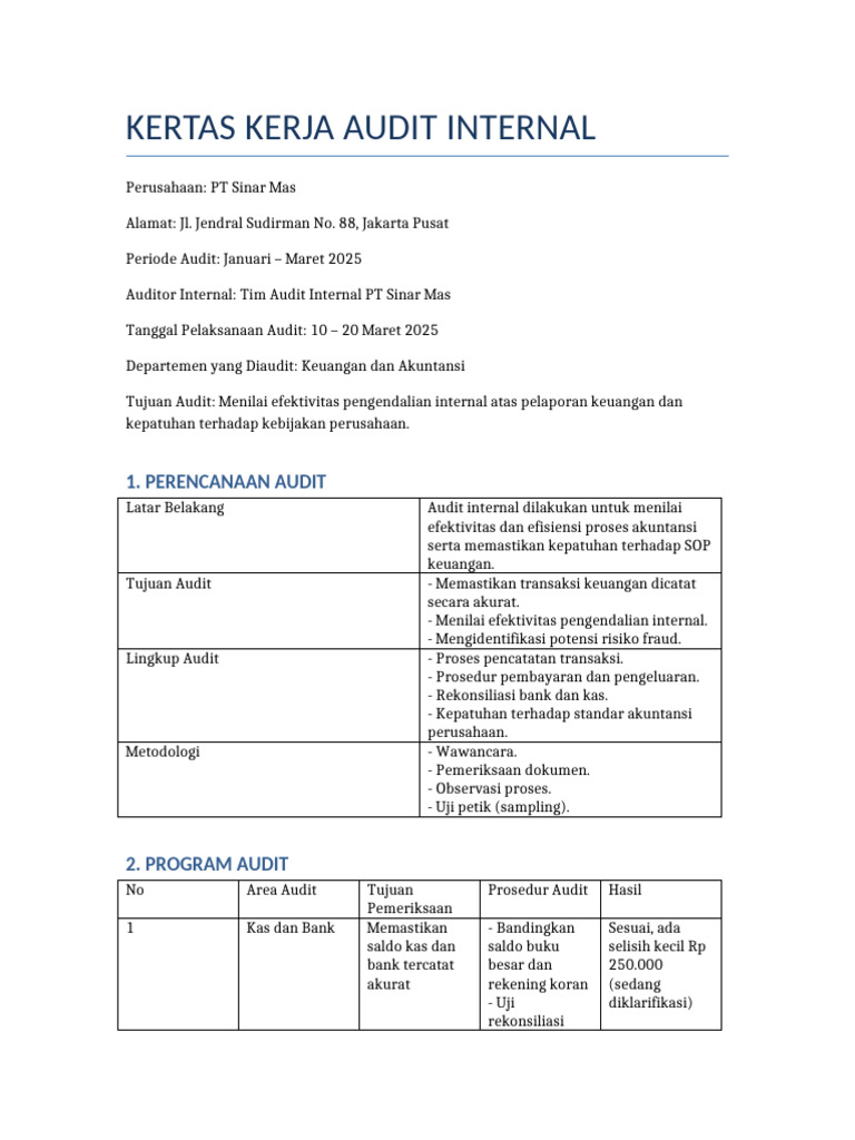 Kertas Kerja Audit Internal PT Sinar Mas | PDF